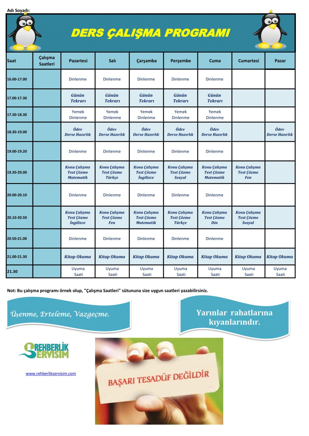Ortaokul Ders Çalışma Programı | REHBERLİK SERVİSİM