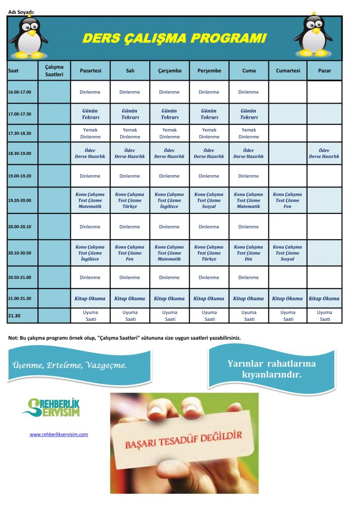 Ortaokul Ders Çalışma Programı | REHBERLİK SERVİSİM