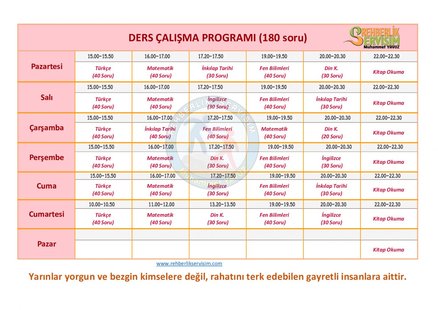 LGS Ders Çalışma Programı - REHBERLİK SERVİSİM
