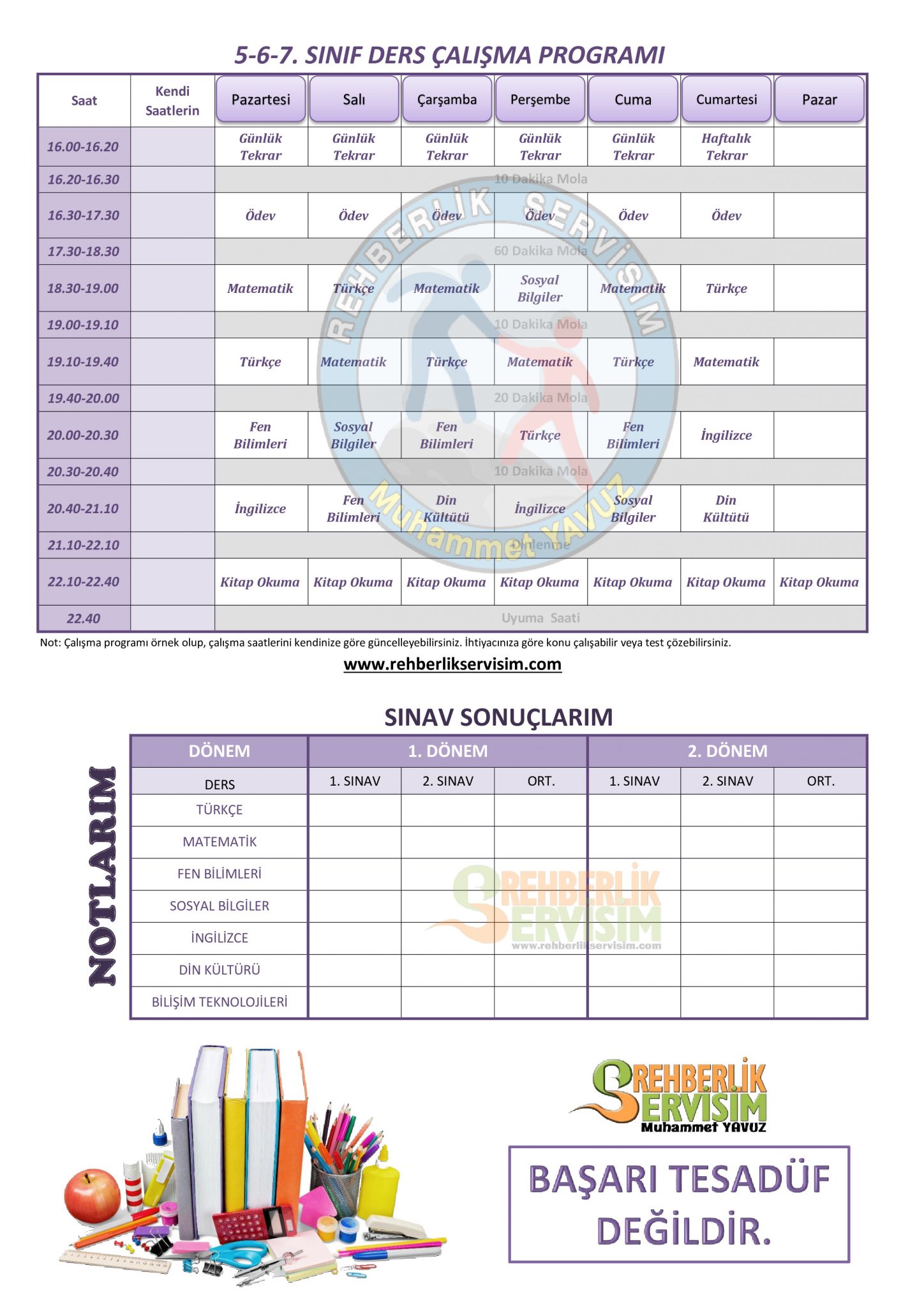 Ortaokul Ders Çalışma Programı | REHBERLİK SERVİSİM